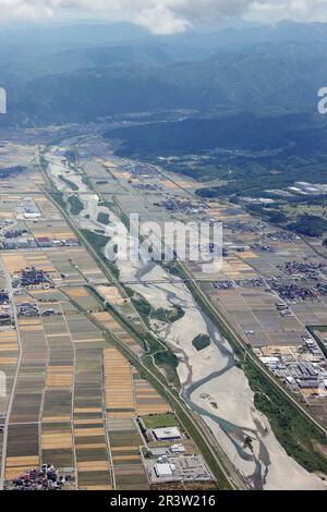 An aerial photo shows Hakusan Tedorigawa Geopark in Hakusan City ...