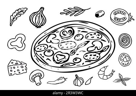 pizza set, round pizza with ingredients doodle hand drawn in cartoon ...