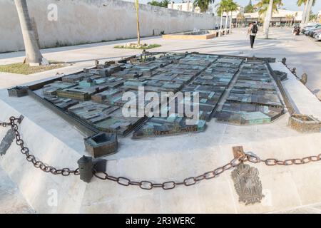 Bronze model of layout of Spanish colonial city, Campeche, Campeche ...