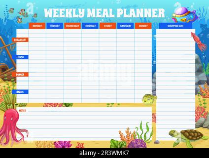 Weekly planner template with sea animals silhouette. Schedule design ...