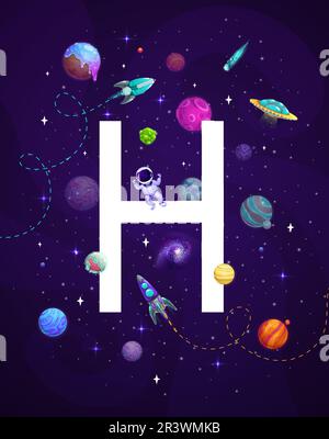 Cartoon space letter F, fantastic planets poster. Space exploration ...