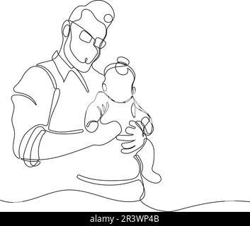 Hugs of a father with a child. One continuous line drawing banner ...