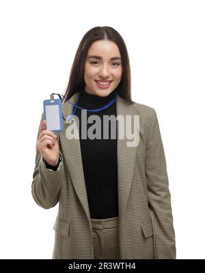Happy woman with vip pass badge on white background Stock Photo - Alamy