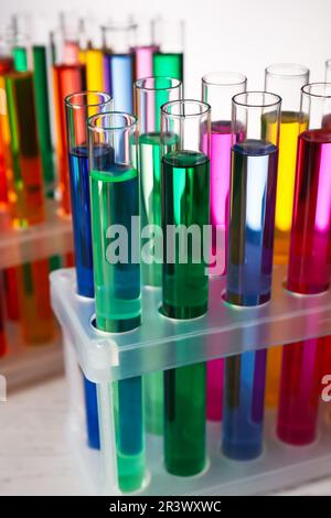 Many test tubes with colorful liquids, closeup Stock Photo - Alamy