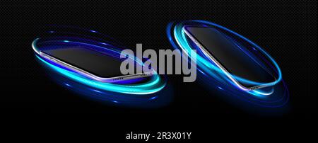 Realistic set of 3D smartphones with neon light effect isolated on ...