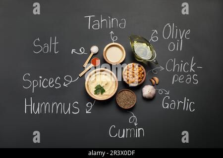 Delicious hummus, ingredients and chalk written products names on black ...