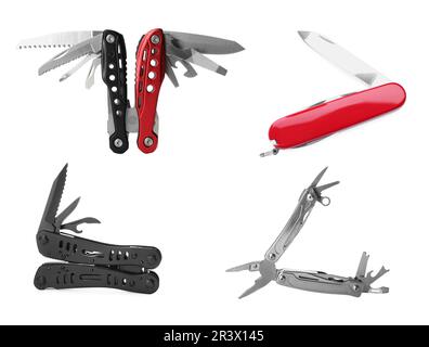 Set with different portable multitools on white background. Banner ...