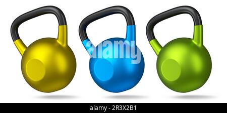 Set of heavy gym gold kettlebells for workout isolated on white ...