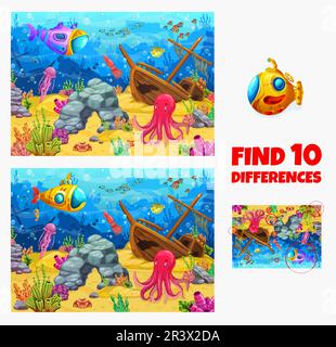 Find ten differences on underwater landscape with coral house. Kids ...