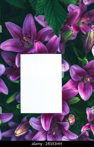 Creative flowers flat lay mockup, floral background with blank white ...