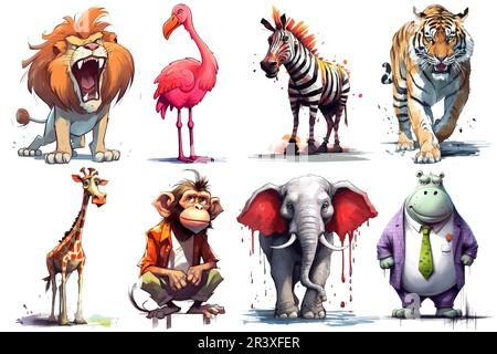 Jungle with animals. Zebra, monkey and hippo, tiger and crocodile ...