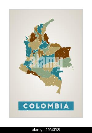 Colombia vintage map. Grunge poster with map of the country in retro ...
