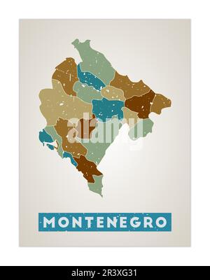Montenegro vintage map. Grunge poster with map of the country in retro ...