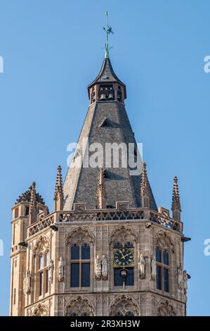 Sculptures, town hall tower, historic town hall, Cologne, Rhineland ...