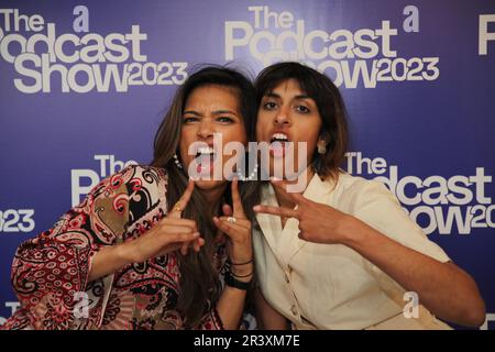 Poppy Jay (left) and Rubina Pabani arrives for the Podcast Show at the ...