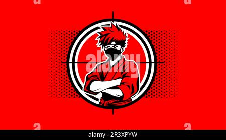 Ninja on a red target background. Black and red vector image in manga ...