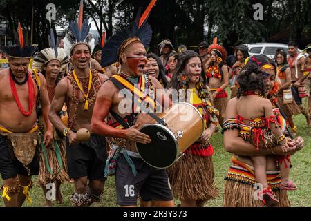 A group of indigenous people wearing ornaments seen dancing and singing ...