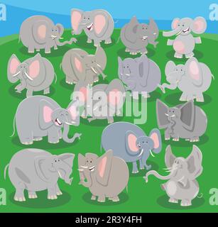 Cartoon elephants wild animal characters group coloring page Stock ...