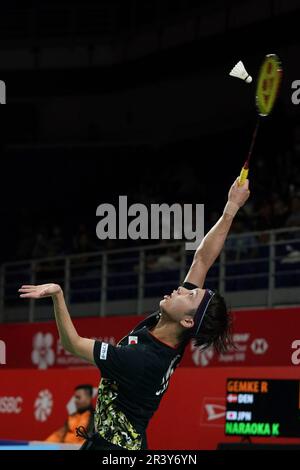 Japan's Kodai Naraoka returns a shot to India's Lakshya Sen during the ...