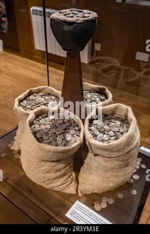 Hoard of coins on display at La Hougue Bie Jersey, Channel islands ...