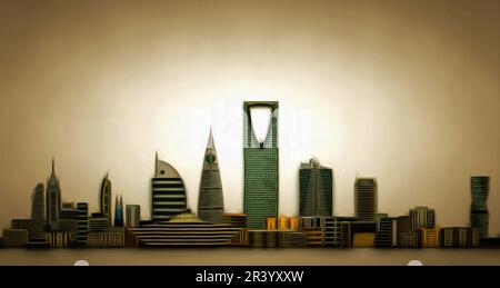 Riyadh city, Saudi Arabia main buildings paintings, illustration Stock ...