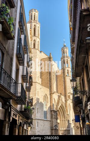 The iconic Santa Maria del Mar church in Barcelona seen through a small ...