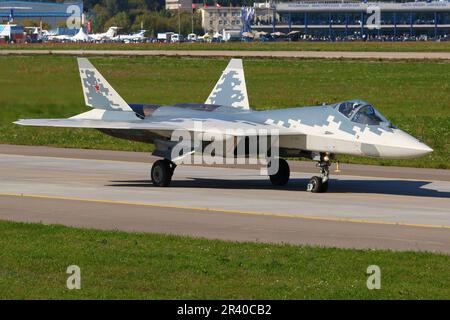 A Su-57 (T-50) jet fighter of the Russian Air Force taking off ...