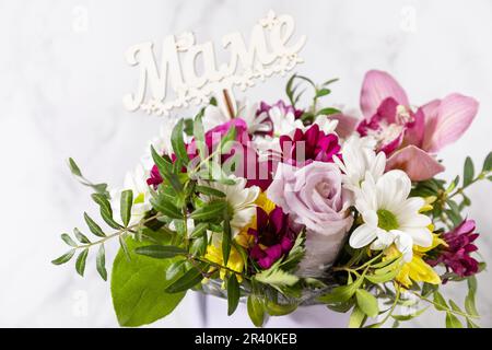 Happy Mothers Day holiday card with greeting text. Beautiful white soft ...