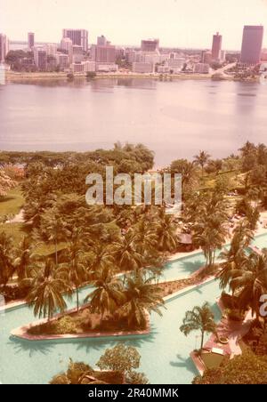 High perspective vintage view of Ébrié Lagoon in Abidjan, Ivory Coast ...