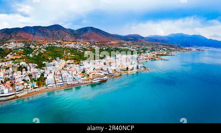 Hersonissos town aerial panoramic view. Hersonissos or Chersonissos is ...