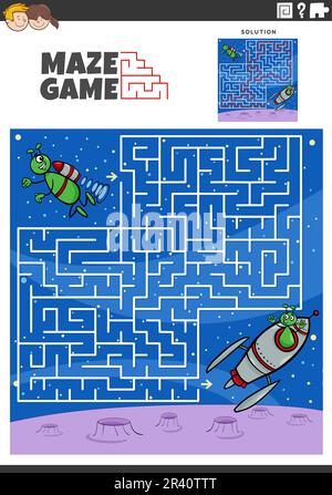 Maze game activity with cartoon alien characters Stock Photo - Alamy