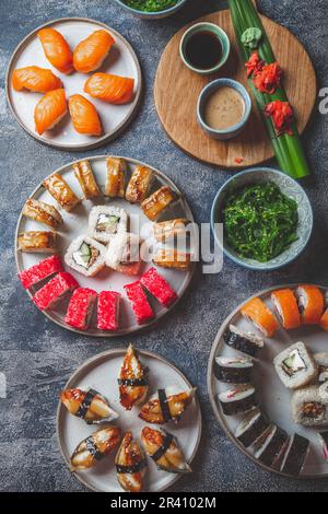 Sushi and rolls sets. Japonese food. top view Stock Photo - Alamy