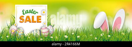 Easter header, with Easter eggs, hare ears and white etiquette. Eps 10 ...