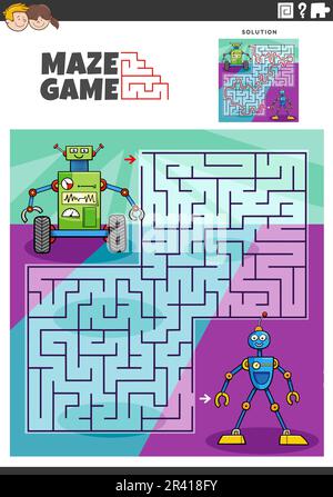 Maze game with cartoon robots or droids characters Stock Photo - Alamy