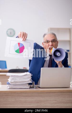 Old businessman employee holding megaphone at workplace Stock Photo - Alamy