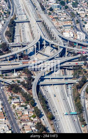 Aerial view Harbor interchange and Century Freeway traffic with ...