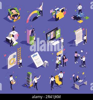 Employee onboarding isometric icons set with staff welcoming new worker 3d isolated on color ...