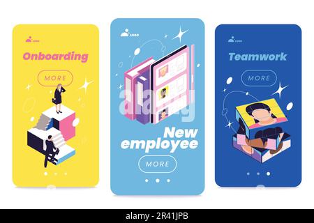 New employee onboarding isometric vertical color background banners set isolated vector ...