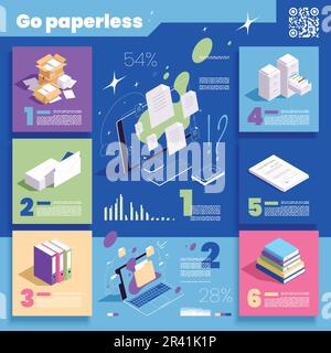 Go paperless concept isometric infographics with paper documents and ...