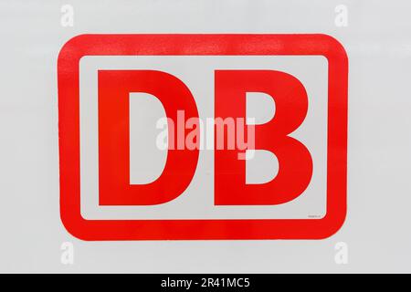 DB logo sign on an InterCity IC train at Karlsruhe main railway station ...