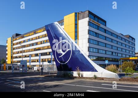 Aircraft tail unit at Lufthansa base portrait at Frankfurt airport in ...