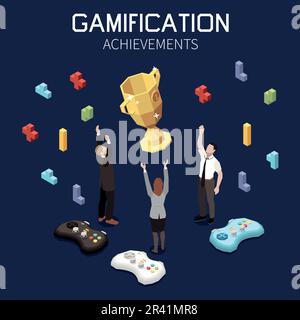 Business gamification teamwork goal achievement isometric concept with happy employees and ...