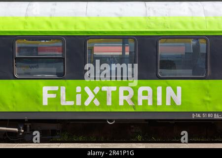 Flixtrain logo on a train at Stuttgart Hauptbahnhof Hbf station in ...