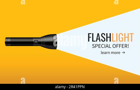 Flashlight AD web banner with side view of realistic device and text in ...