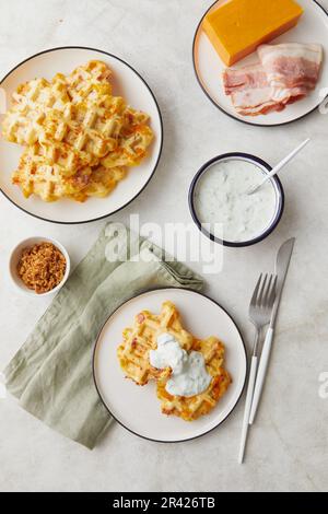 Homemade Savory Waffles with Bacon and Cheese Stock Photo - Alamy