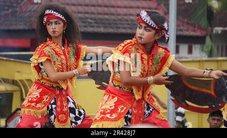 The perform of celeng dance. Celeng means wild boar. This dance usually ...