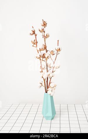 Cotton sprigs in vase on table near white wall Stock Photo - Alamy
