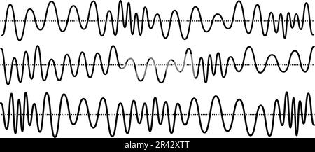 Sinusoid signals set. Black curve sound waves with different frequency ...