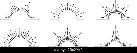 Black line half sun icon set. Logo blank frame for tattoo. Simple ...