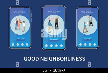 Neighbors isometric icons set with people chatting friendly and having ...